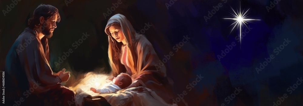 Christmas story. Christmas night, Mary, Joseph and the baby Jesus, Son ...