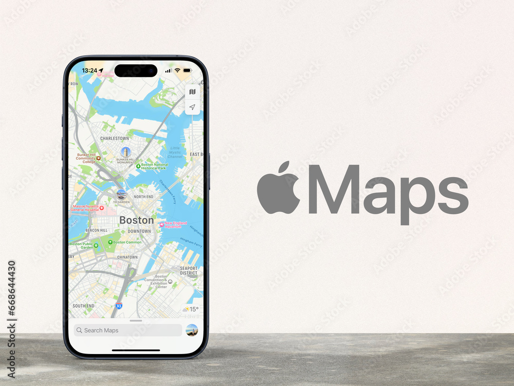 modern smartphone displaying map view of Apple Maps, standing on a ...