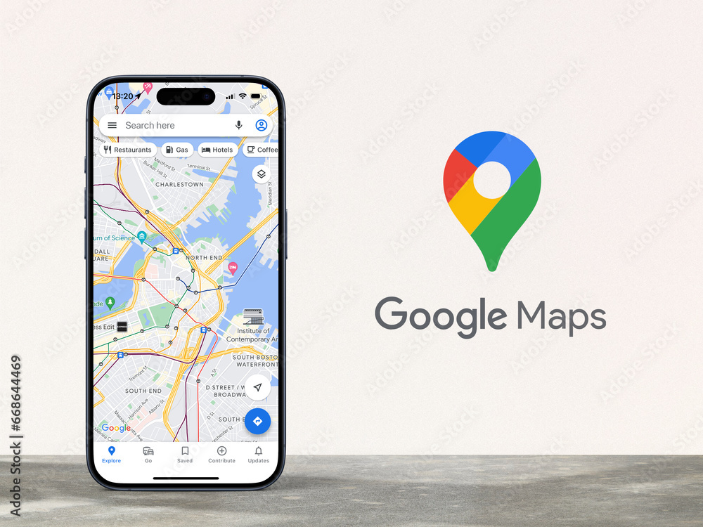 modern smartphone displaying map view of Google Maps, standing on a ...