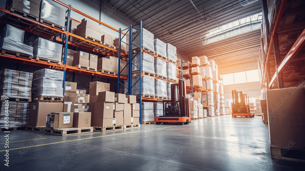 Retail warehouse full of shelves with goods in cartons and crates, with ...