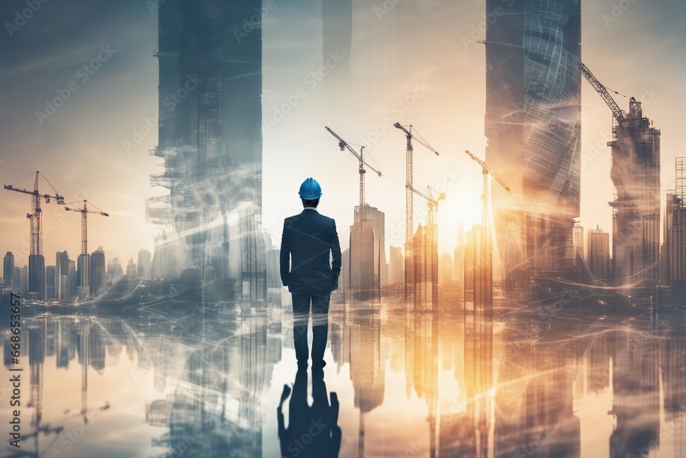 Double exposure image of construction worker holding safety helmet and ...