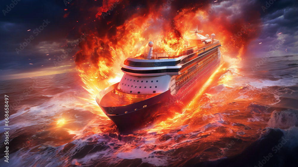 Passenger ocean liner ship engulfed in fire on high seas amidst turbulent waves, tragic and ...