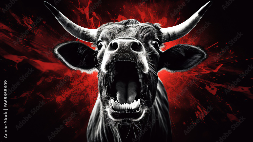 Sorrowful cow before slaughter against gruesome bloody backdrop in ...