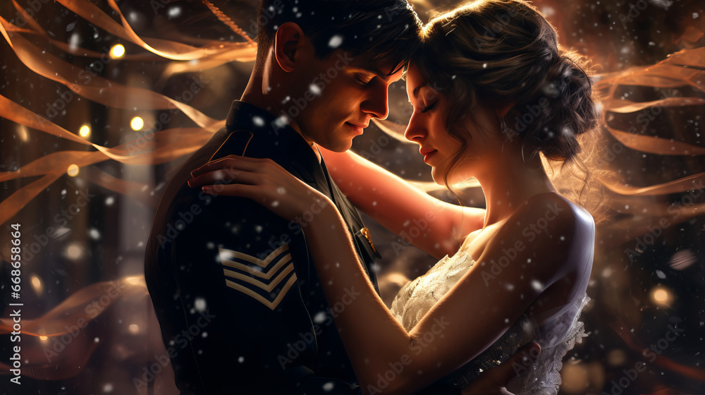 Soldier holds his beloved girl tightly, loving couple under blurry ...