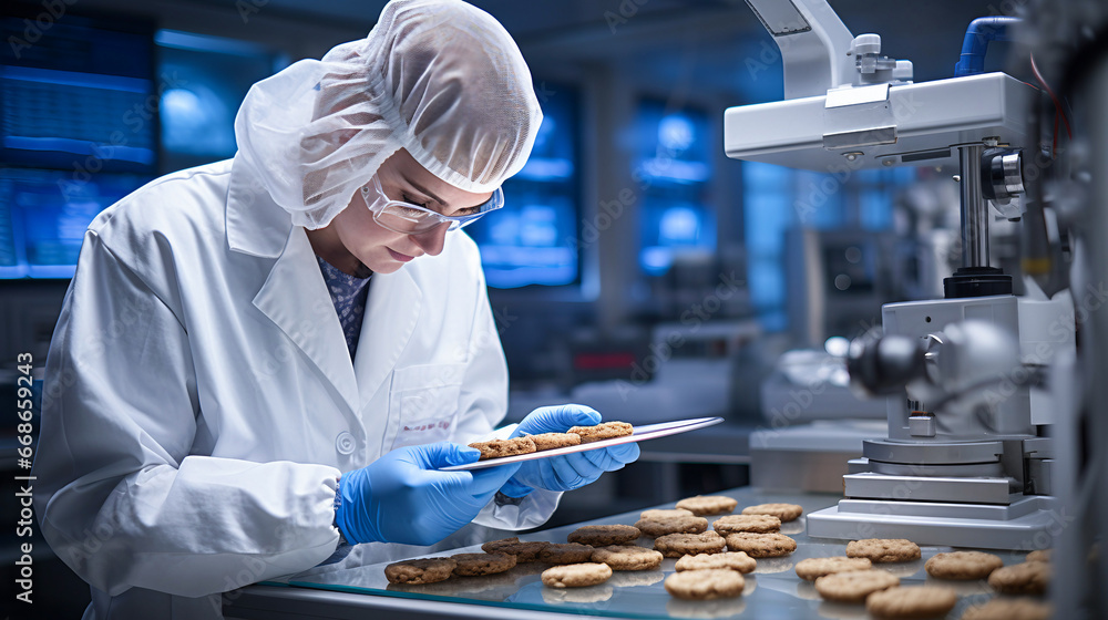 realistic photo that captures a food inspector in a sterile white ...