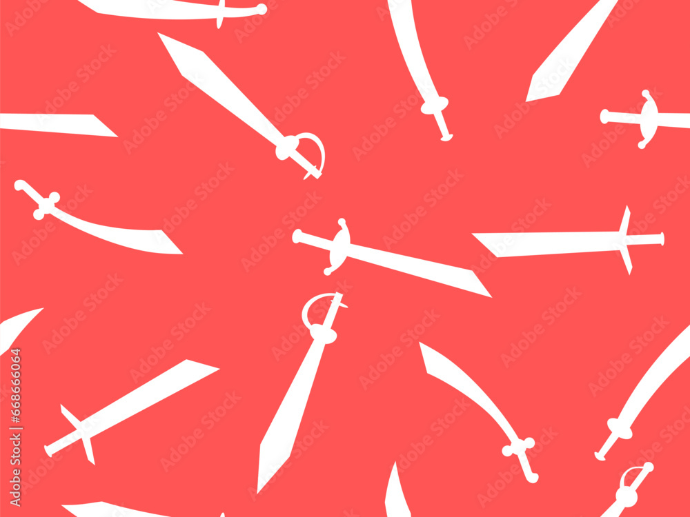 Seamless pattern with white silhouettes of swords. Curved and straight ...