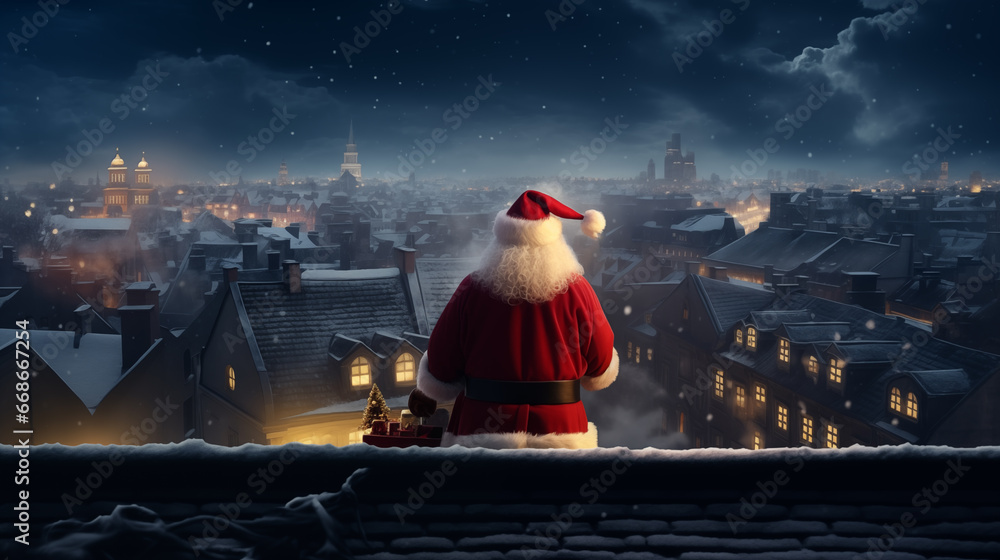 Santa, atop a city roof, readies gifts amid a snowy urban backdrop ...