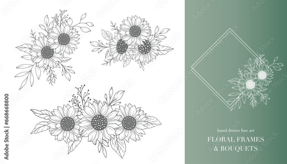 Sunflowers Line Art, Sunflower Frames. Floral Frames and Bouquets Line ...