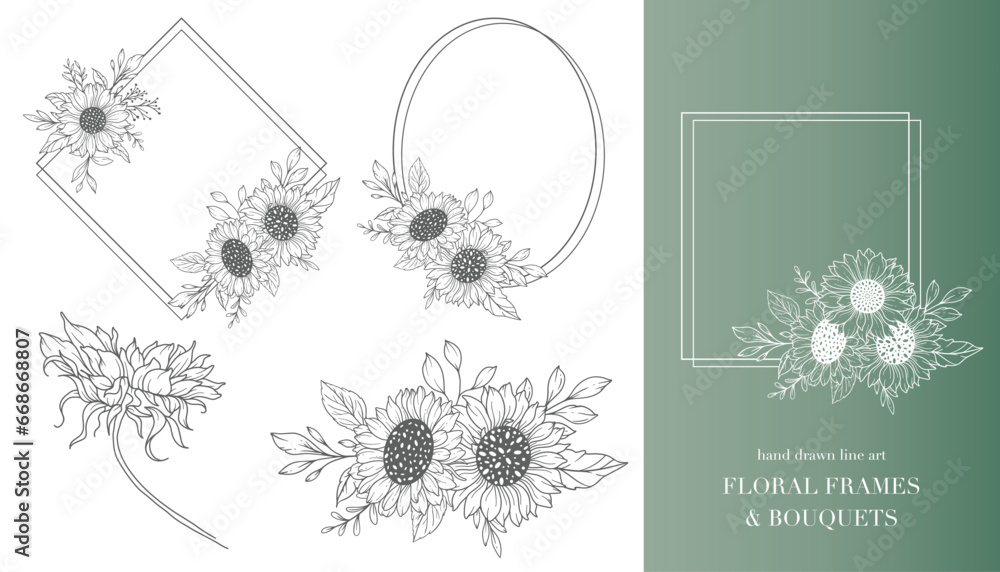Sunflowers Line Art, Sunflower Frames. Floral Frames and Bouquets Line ...