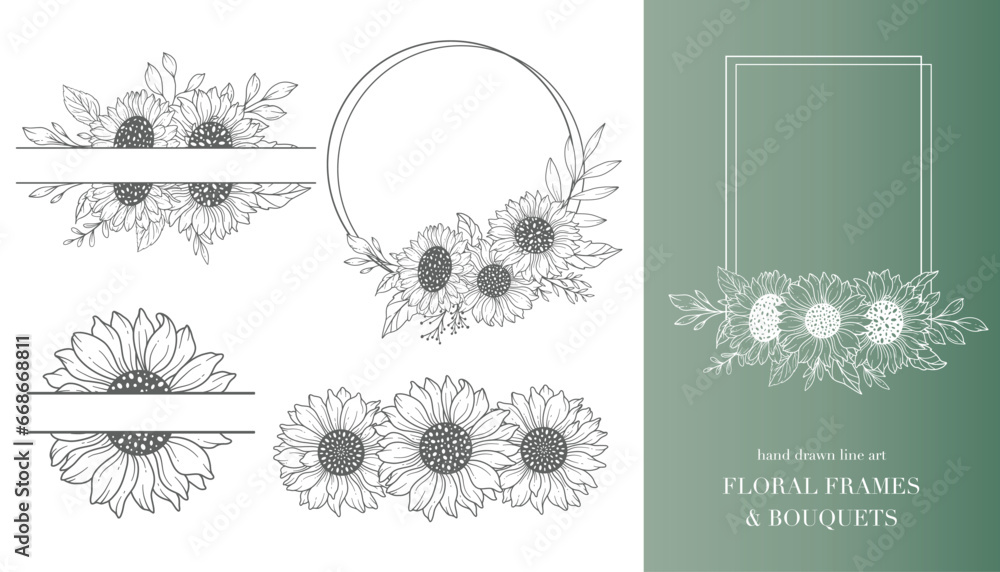 Sunflowers Line Art, Sunflower Frames. Floral Frames and Bouquets Line ...