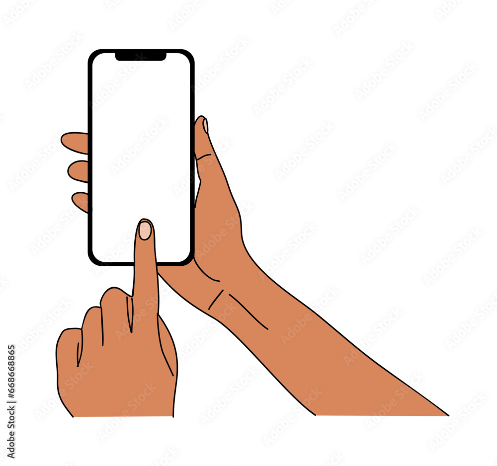 Hands holding mobile phone. Fingers touching, scrolling smartphone screen, using applications ...