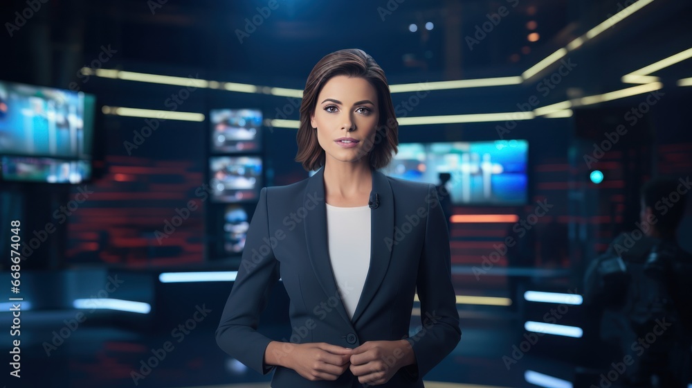 A female news anchor in a suit stands on stage looking at the camera ...