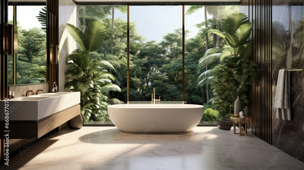 Modern luxury bathroom with tropical style garden view 3d render,There ...