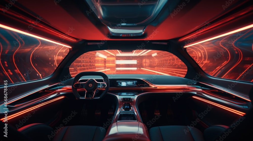 Interior of an automatic car Driverless vehicle, 3D image telephoto ...