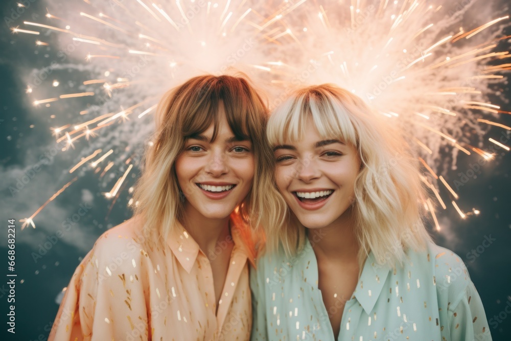 Two jubilant women dazzle in their festive attire, basking in the glow ...