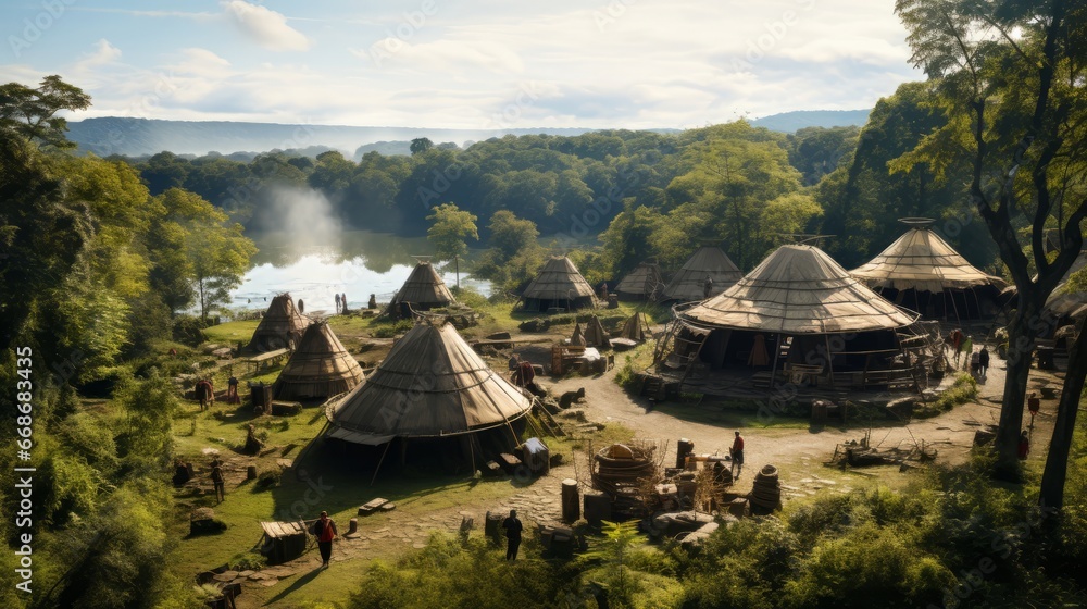 Aerial view of indigenous tribe huts in forest Digital. Generative AI ...