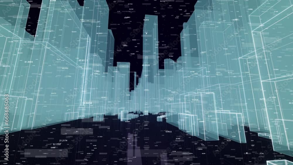 HUD.City Hologram with HUD numbers digital zoom in through buildings ...