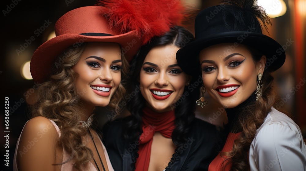 Girls cabaret performers. Red color in clothes and decor, Bright stage ...