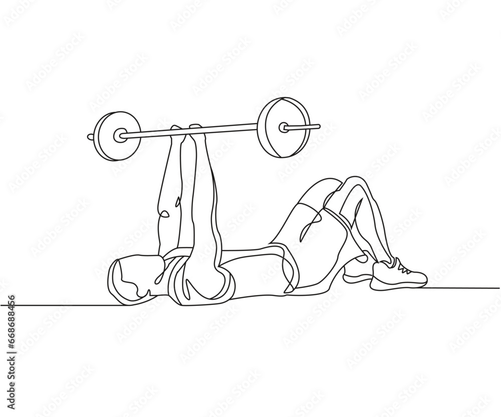 Laying chest press barbell exercise line drawing isolated on copy space ...