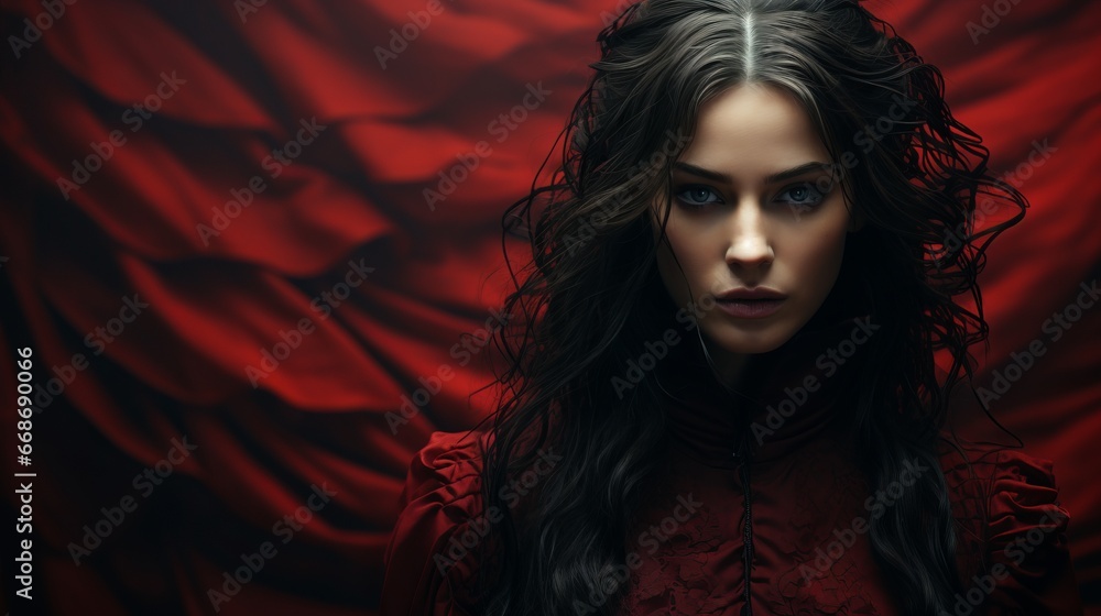 Witch in a red dress, practicing magic and rituals, red background ...