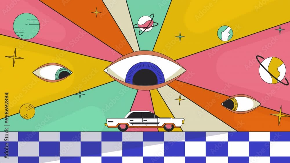 Trippy eyes watching over car riding line 2D animation. Psychedelic ...