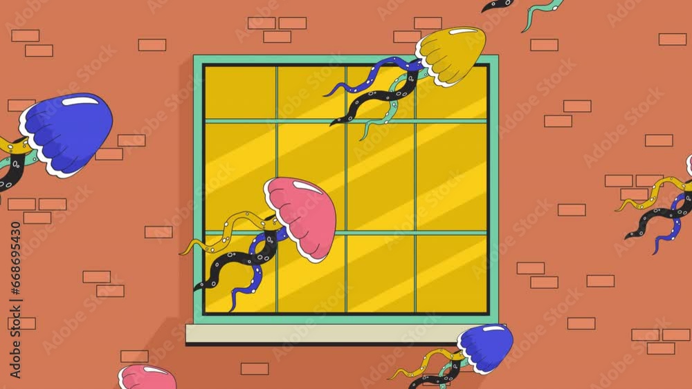 Jellyfish floating window surreal line 2D animation. Dreaming ...