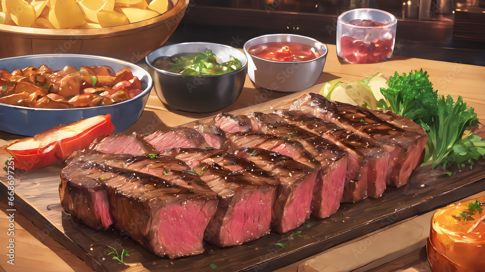 Delicious Grilled Steak: A 2D Illustration of a Juicy Beef BBQ Meal ...