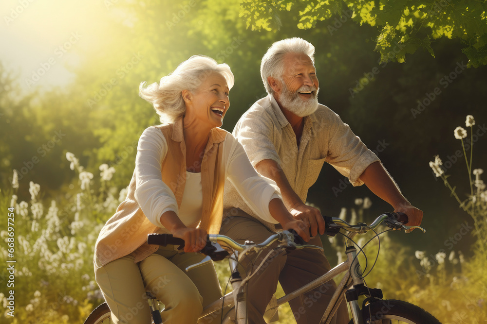 Two happy elderly people running in nature enjoying healthy lifestyle ...