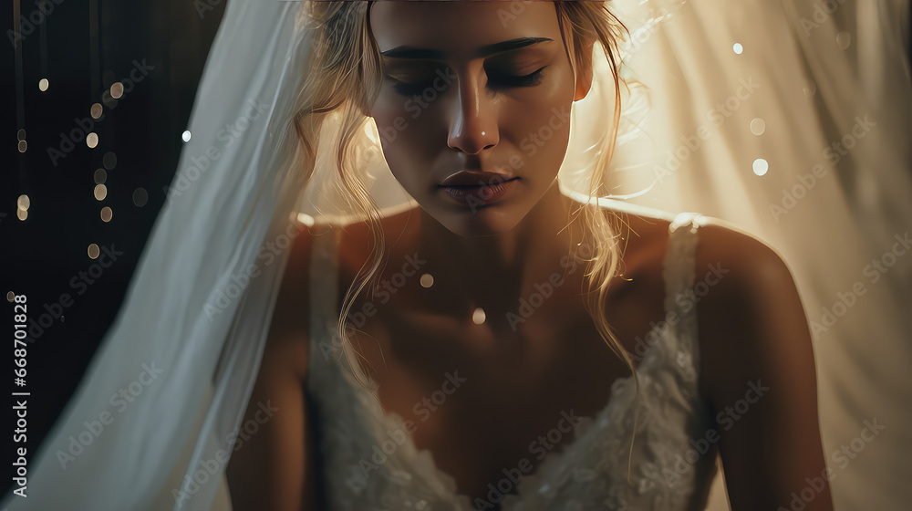 Sad bride in a white wedding dress. Unhappy young woman, failed ...