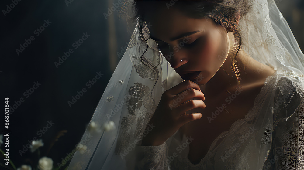 Sad bride in a white wedding dress. Unhappy young woman, failed ...