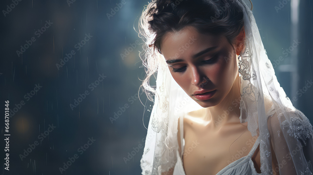 Sad bride in a white wedding dress. Unhappy young woman, failed ...