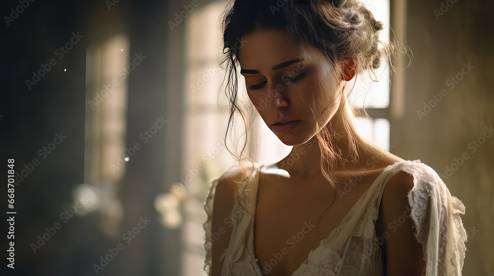 Sad bride in a white wedding dress. Unhappy young woman, failed ...