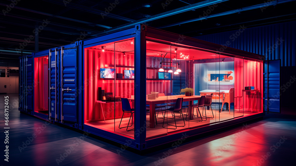 Dark blue shipping containers converted into conference rooms and ...
