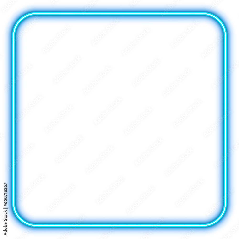 Blue square neon frame template, round light sign, geometric glow outline border with space for ...