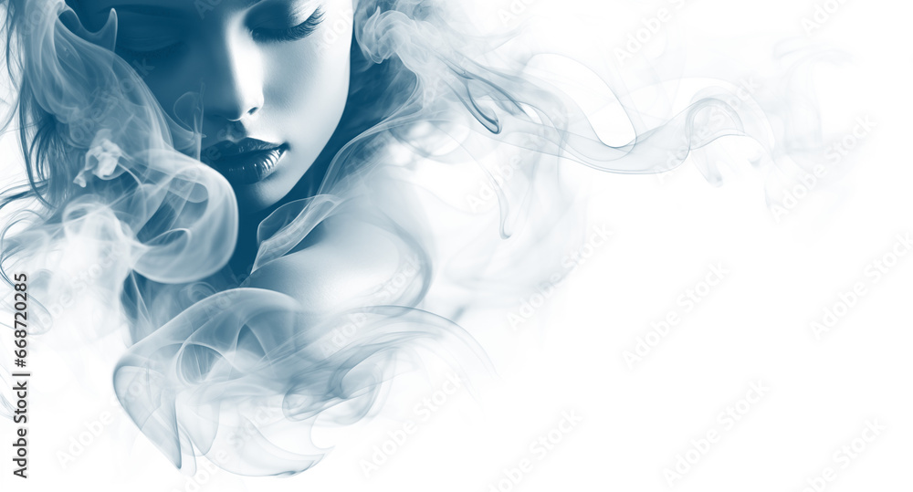 Artistic portrait of a beautiful woman with smoke on a white background ...