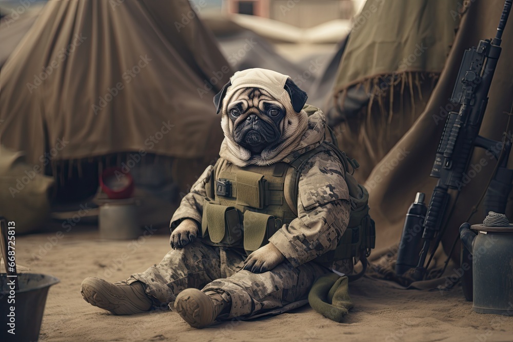 Healthy Dog pug breed purebred wearing military uniform. Generative AI ...
