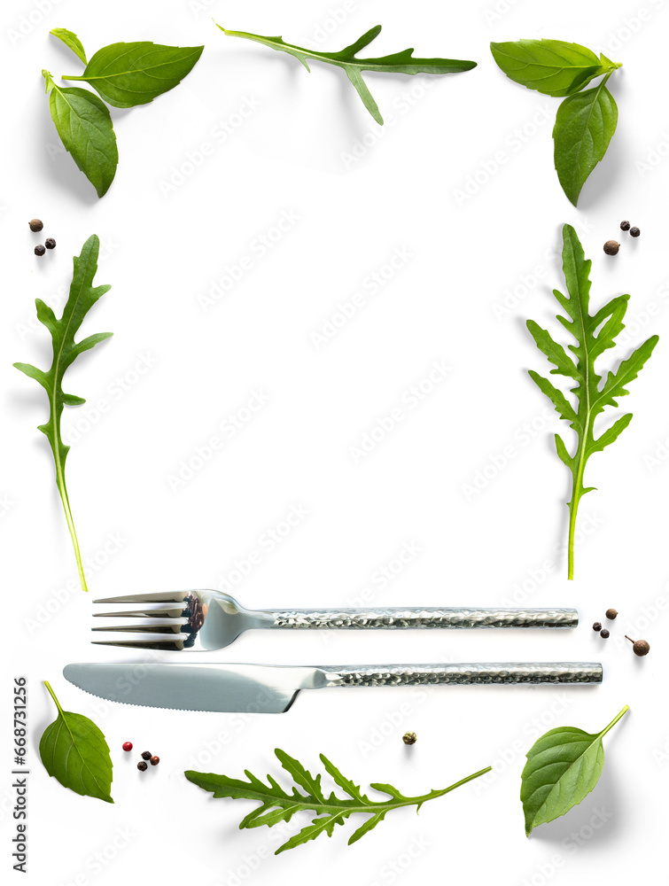 frame border Food poster with setting silverware and fresh ...