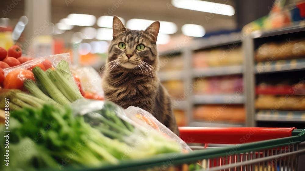Photograph of a cute cat comfortably placed in a shopping cart or bag ...