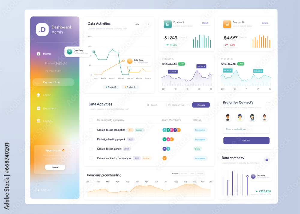 UI UX Infographic dashboard. UI design with graphs, charts and diagrams ...