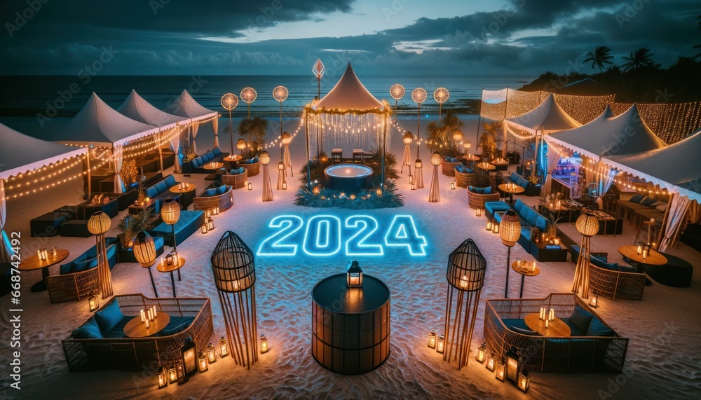 Amidst the starry night sky, a bustling beach resort celebrates the new ...