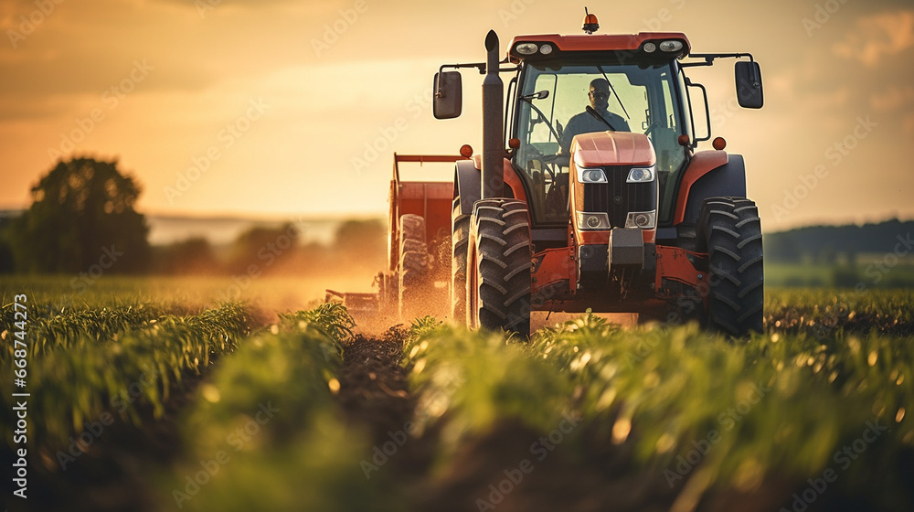 Extreme close up of a tractor tractor working on a plantation at sunset ...