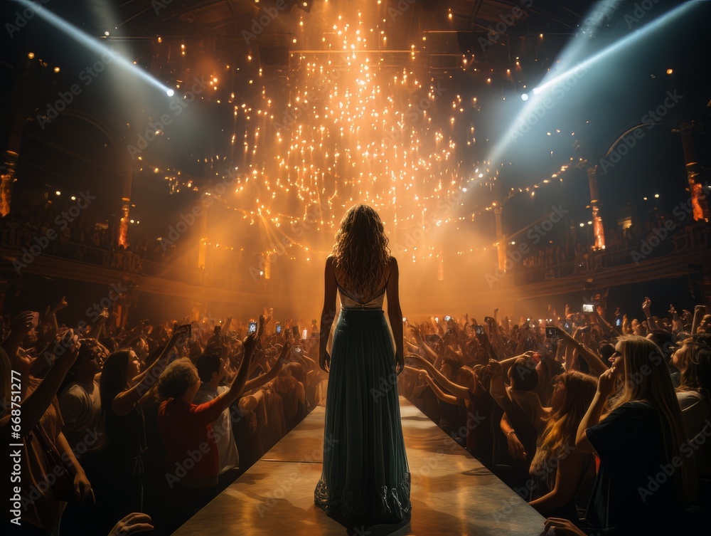 Fictional woman artist in dress struts down fashion model catwalk AI ...