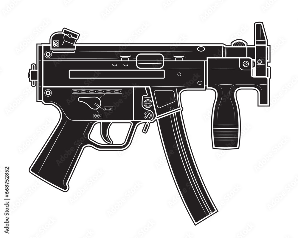 Vector illustration of the short MP5 machine gun on the white ...