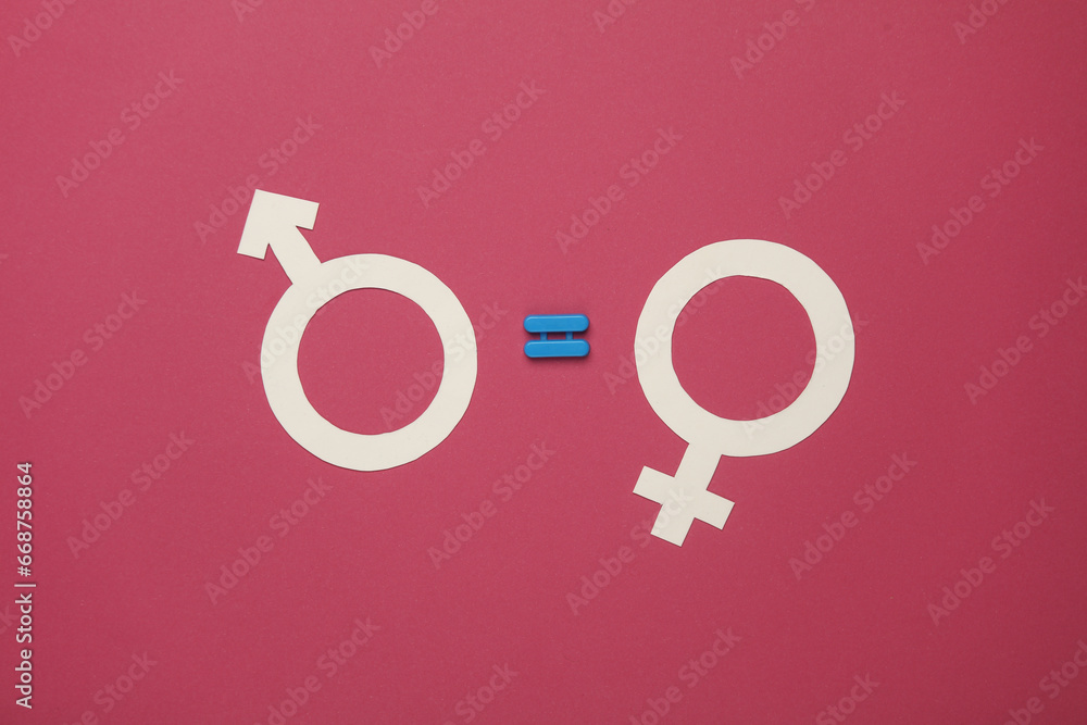 Female and male gender symbols with an equal sign on a pink background ...