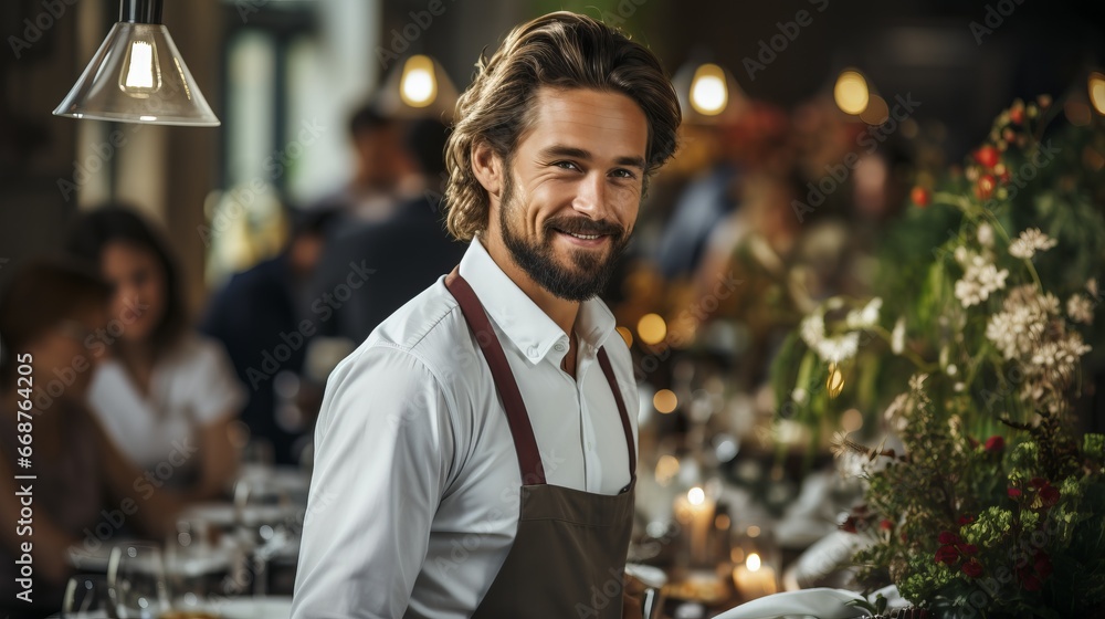 Male waiter in an expensive restaurant. Service staff in a suit takes ...