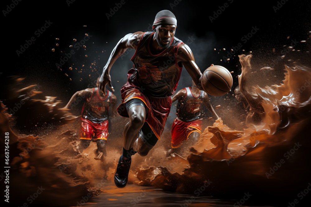 Players with basketball gracefully executing intricate moves with ...
