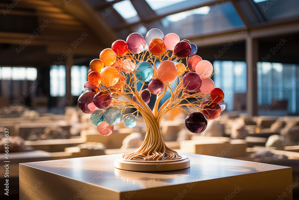 Elegant glass tree sculpture with vibrant orbs showcased on a ...