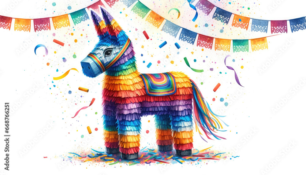 Watercolor illustration of colorful funny donkey pinata against white ...