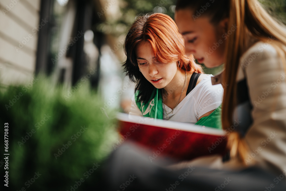 Two high school girls study together outdoors, casually dressed ...