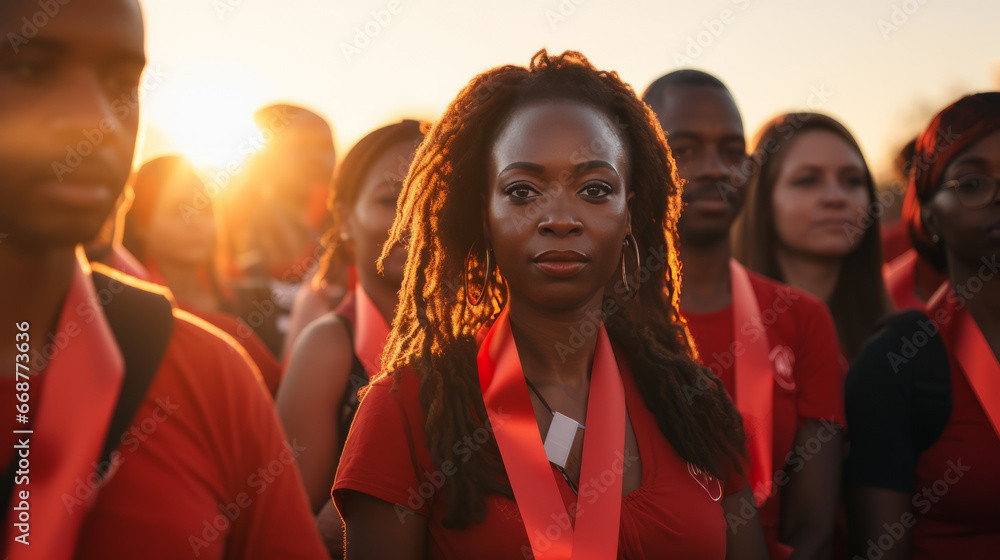 People in Red Ribbon at World AIDS Day Commemoration. Women and Men ...